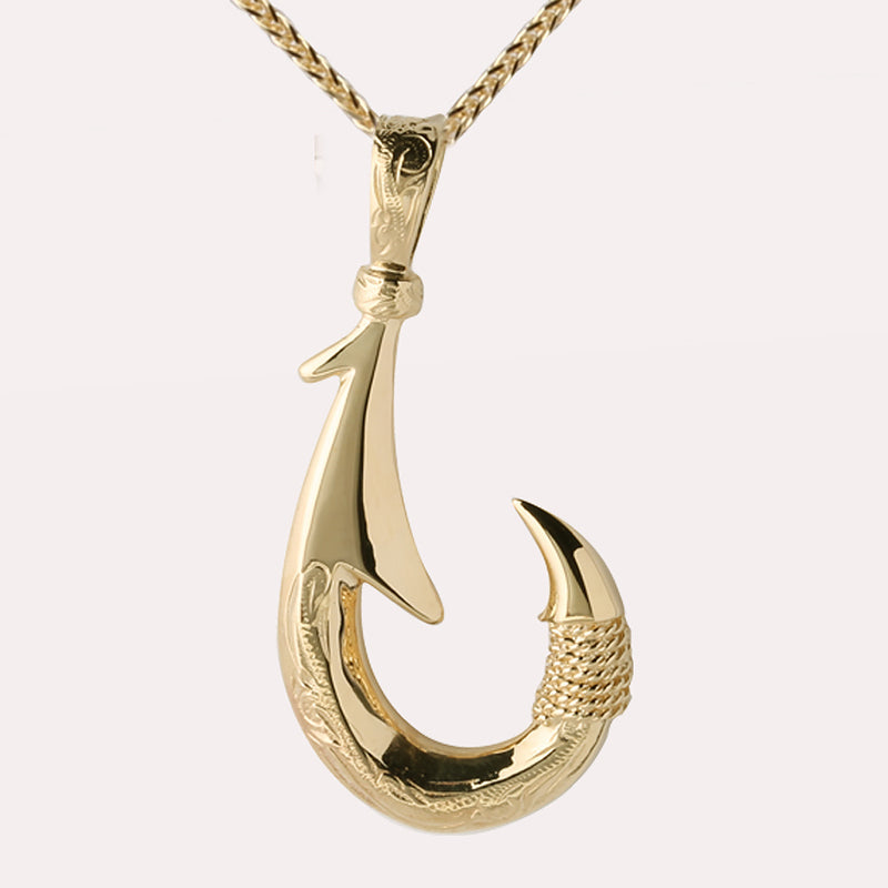 14K Yellow Gold Fish Hook Pendant w/Scroll Engraving – Makani Hawaii